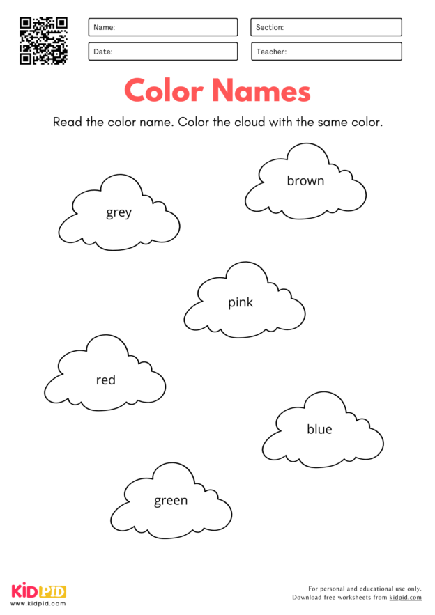 Color Names Worksheet for Kindergarten - Kidpid