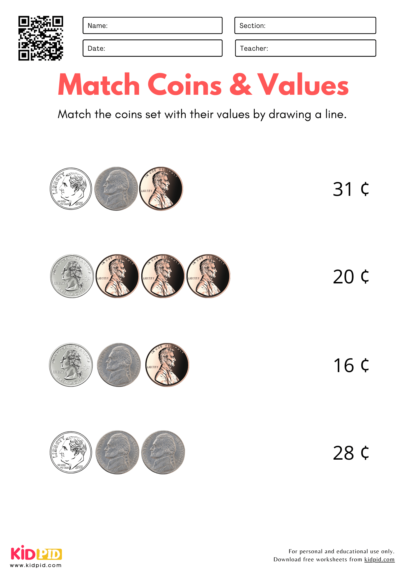 Count & Match Coins Value Worksheet for Kindergarten - Kidpid
