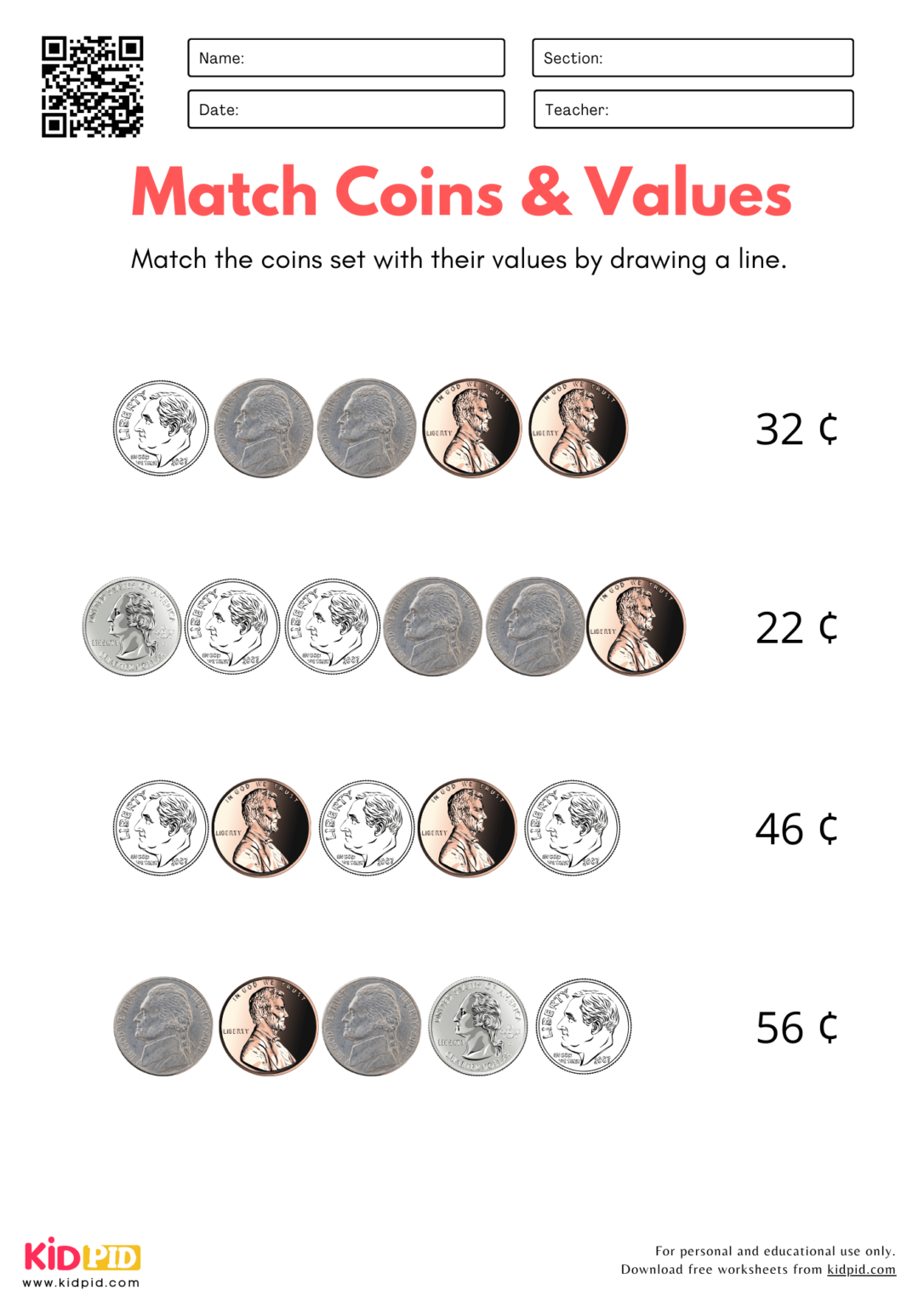 Count & Match Coins Value Worksheet for Kindergarten - Kidpid