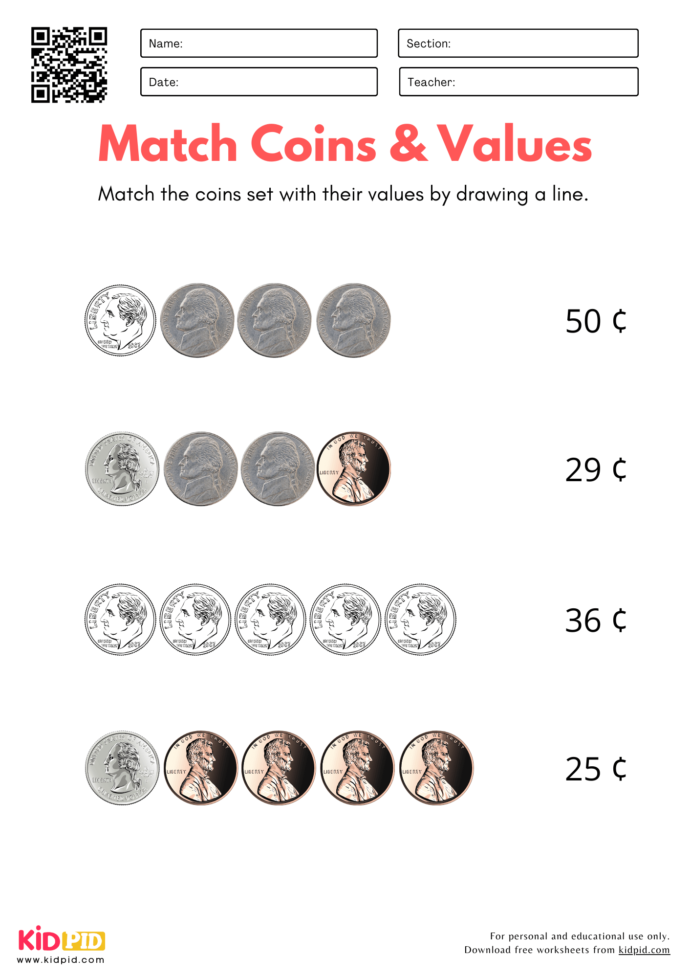 Count & Match Coins Value Worksheet for Kindergarten - Kidpid