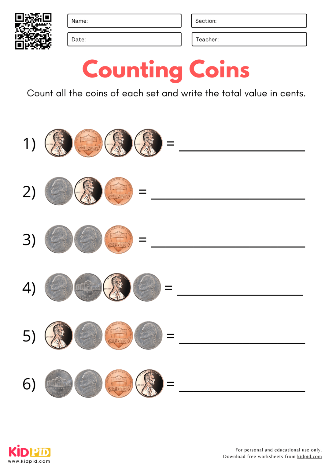 Counting Coins & Write Total Value Worksheet for Kindergarten - Kidpid