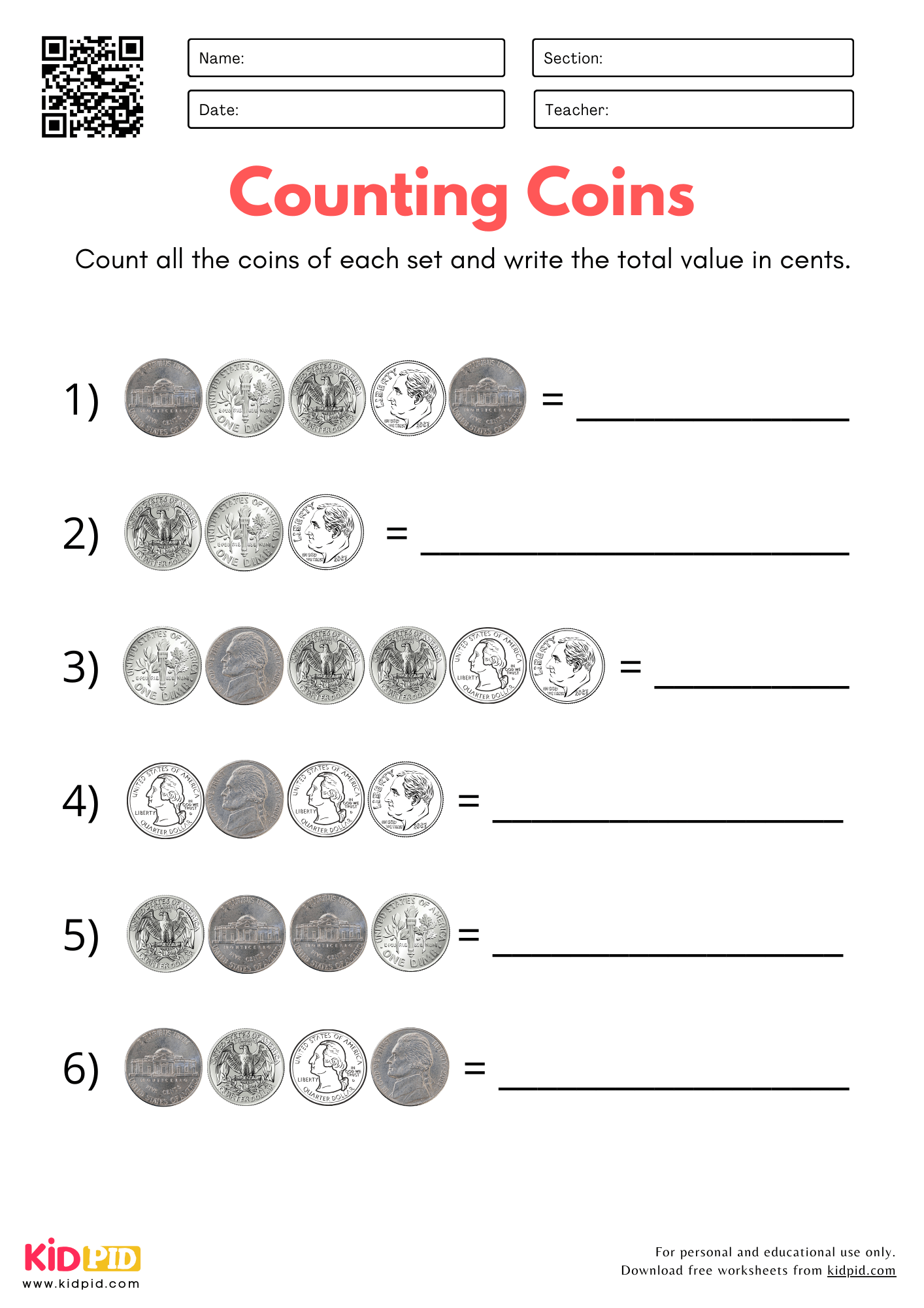 Counting Coins & Write Total Value Worksheet for Kindergarten - Kidpid