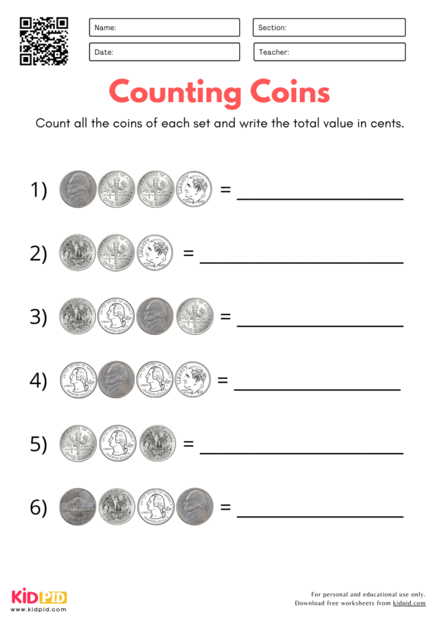 Counting Coins & Write Total Value Worksheet for Kindergarten - Kidpid
