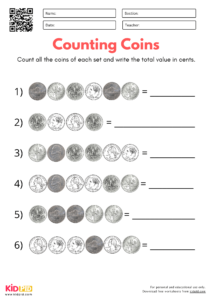 Counting Coins & Write Total Value Worksheet for Kindergarten - Kidpid