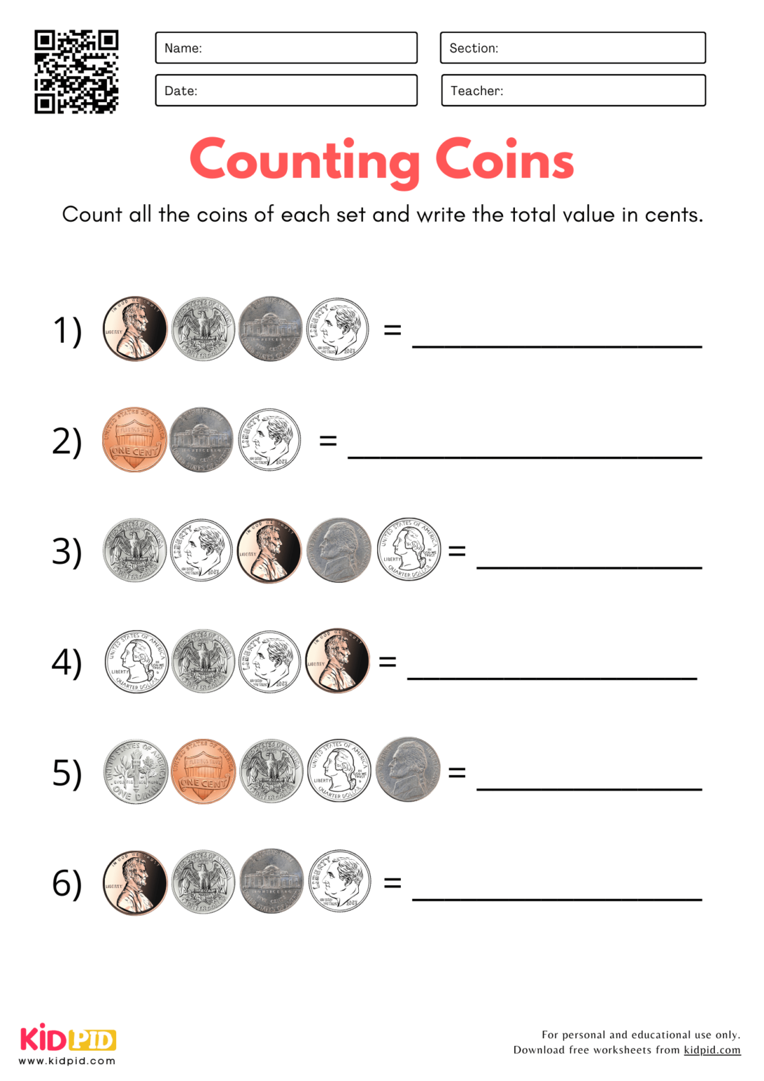 Counting Coins & Write Total Value Worksheet for Kindergarten - Kidpid