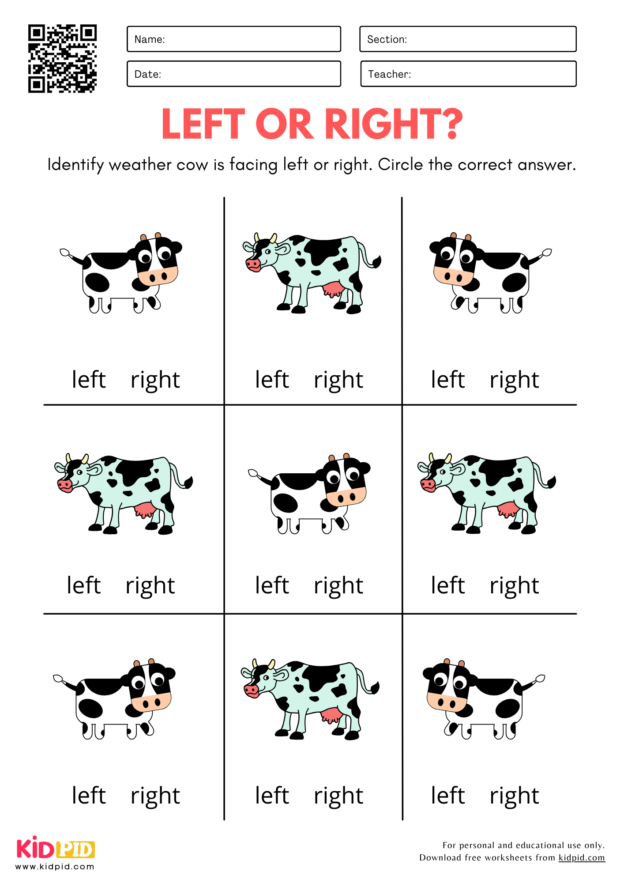 Facing Left or Right Position Worksheet for Kindergarten - Kidpid
