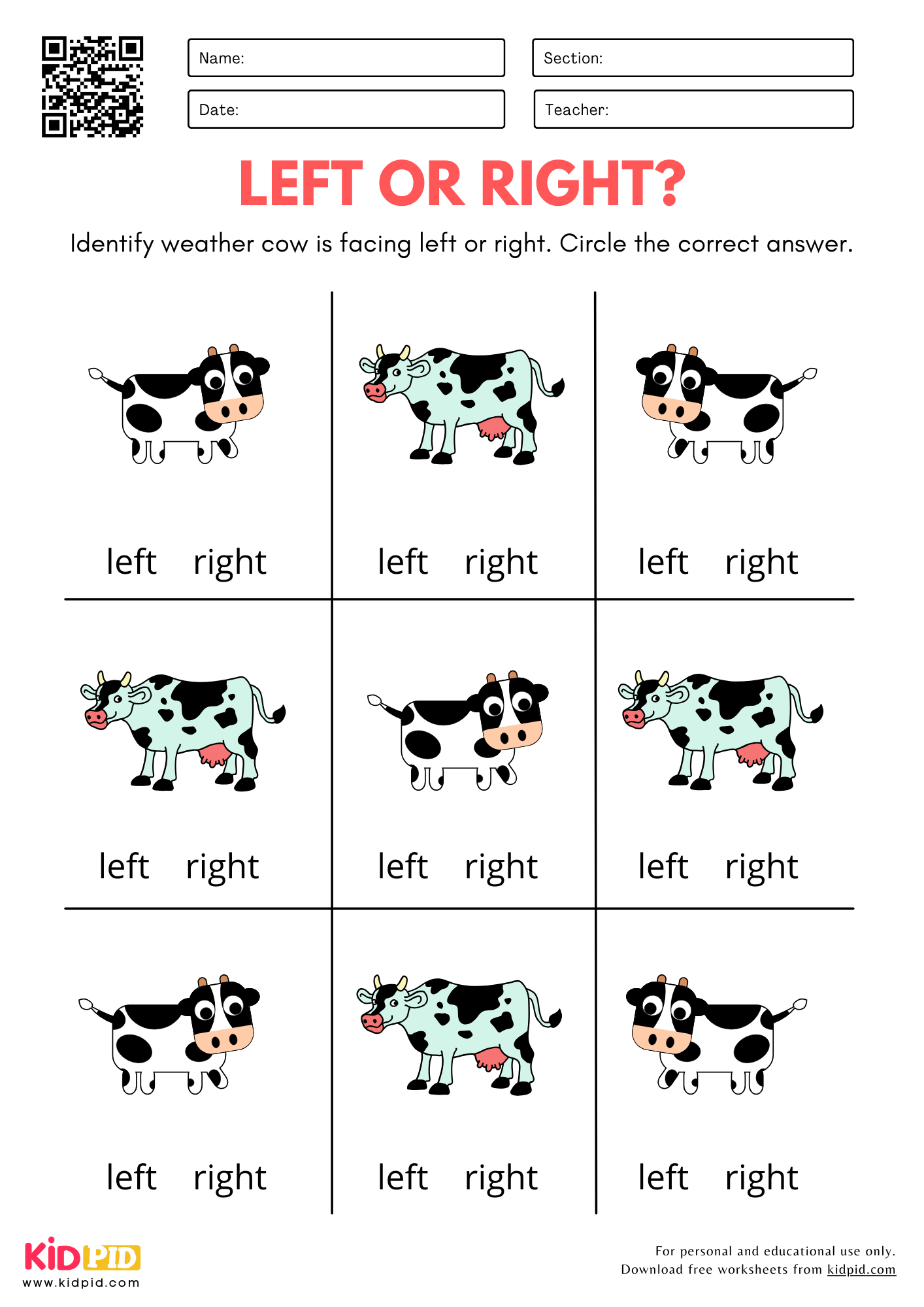 Facing Left or Right Position Worksheet for Kindergarten - Kidpid