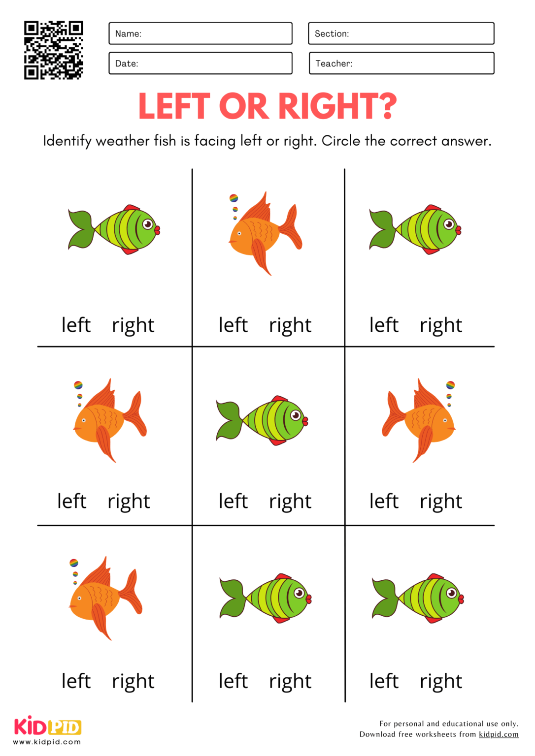 Facing Left or Right Position Worksheet for Kindergarten - Kidpid