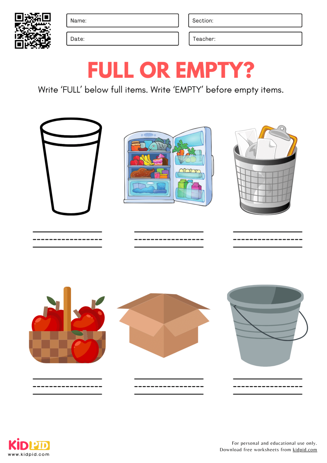 Full & Empty Worksheet for Kindergarten - Kidpid