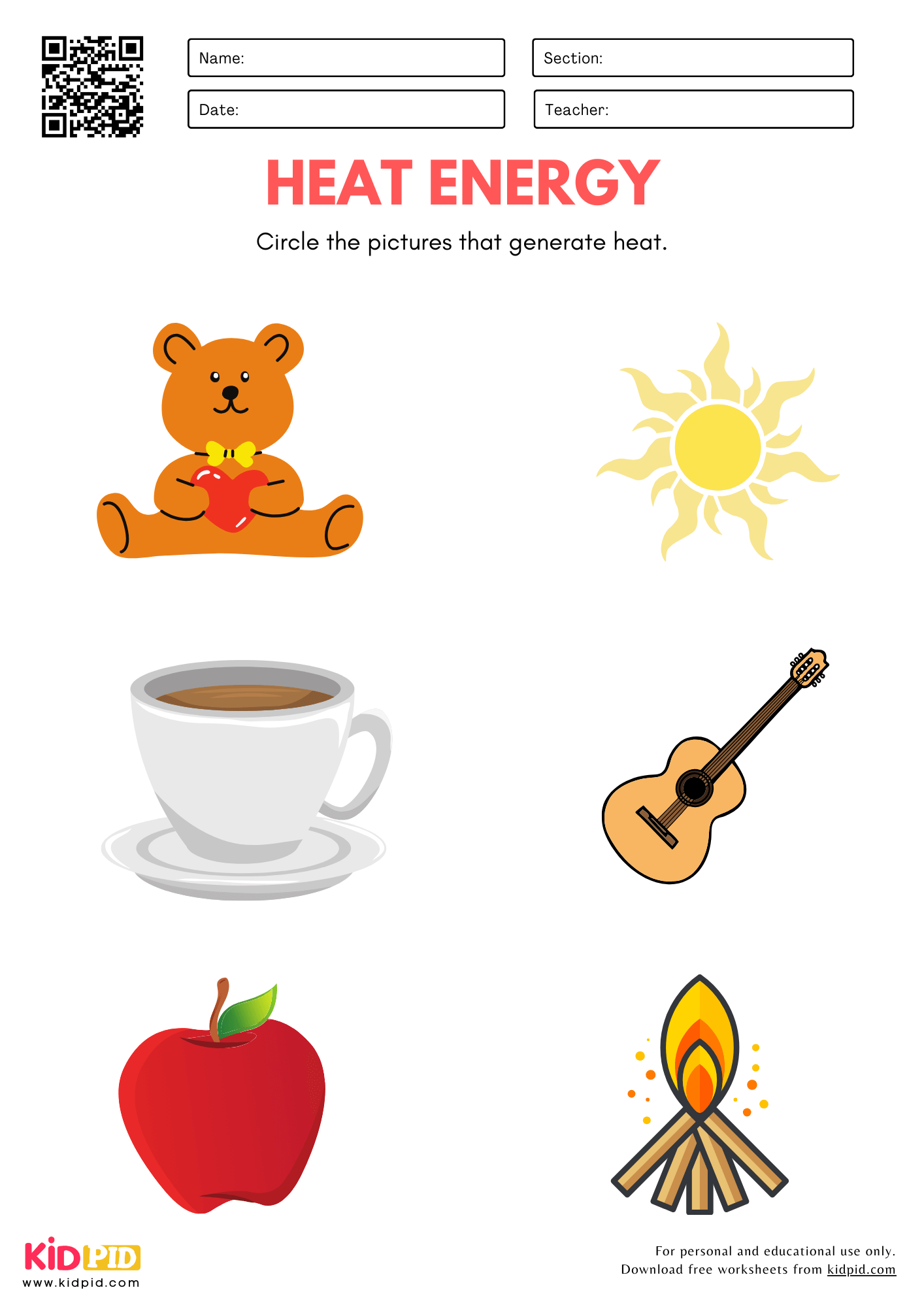 Heat, Light & Sound Energy Sources Worksheet for Kindergarten - Kidpid
