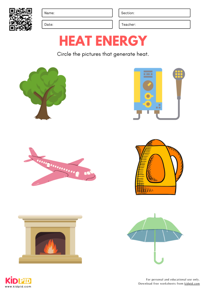 Heat, Light & Sound Energy Sources Worksheet for Kindergarten - Kidpid