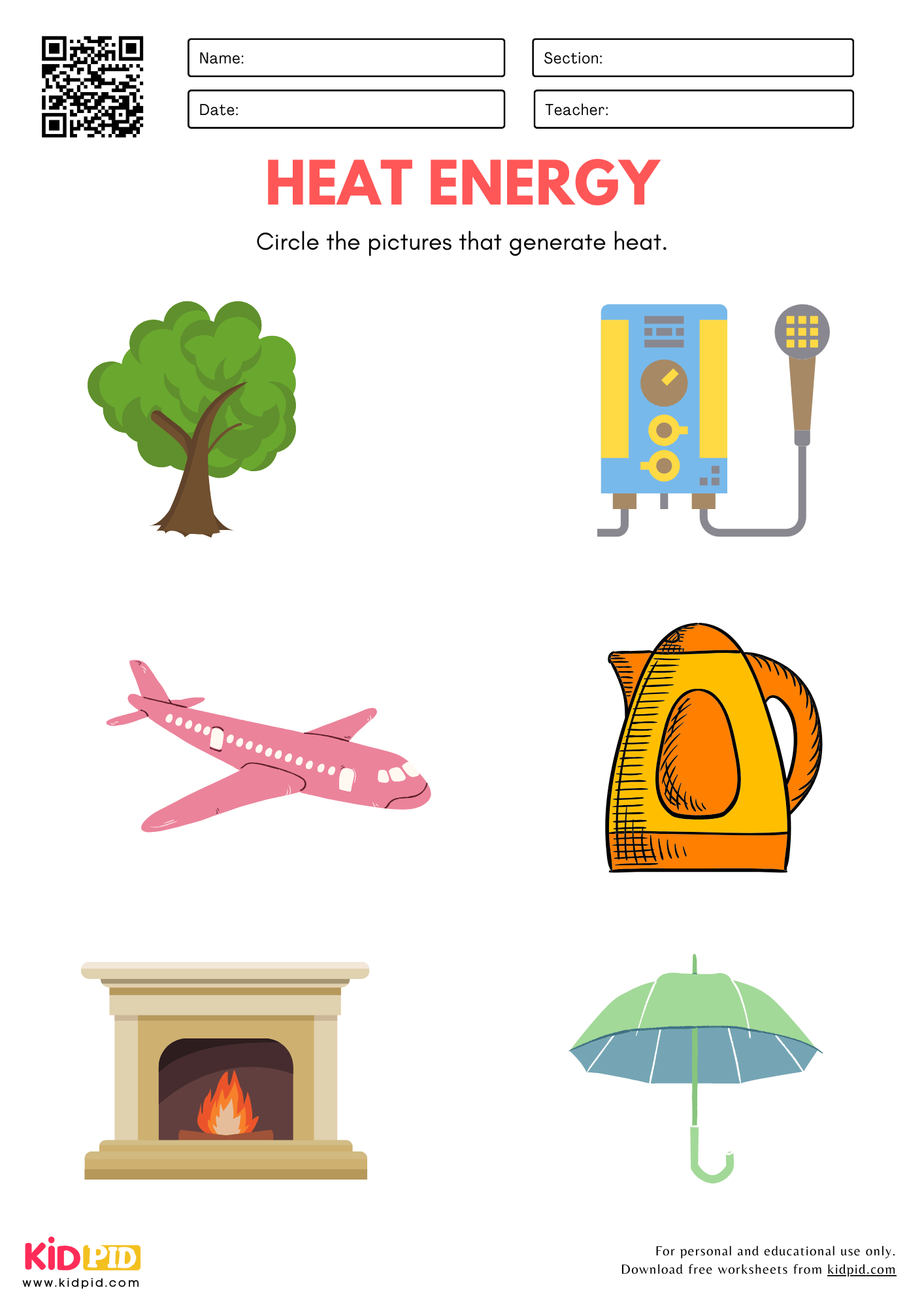Heat, Light & Sound Energy Sources Worksheet for Kindergarten - Kidpid