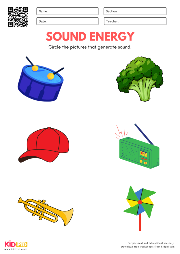 Heat, Light & Sound Energy Sources Worksheet for Kindergarten - Kidpid