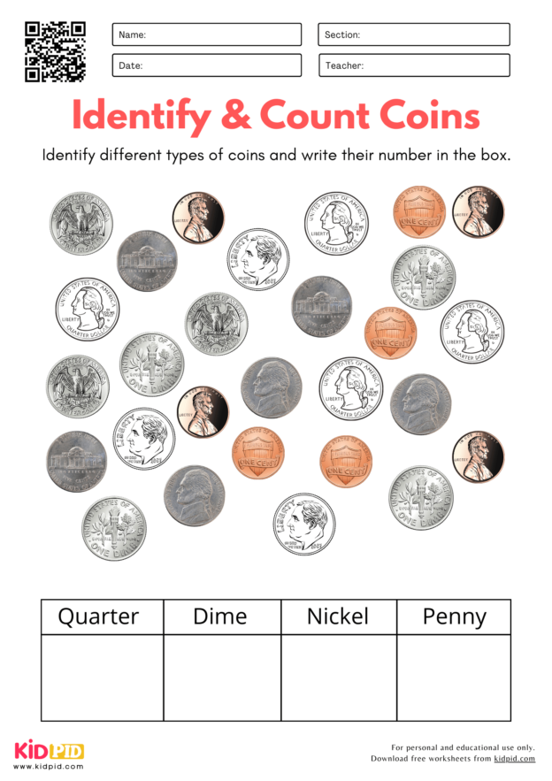 Identify & Count Coins Worksheet for Kindergarten - Kidpid