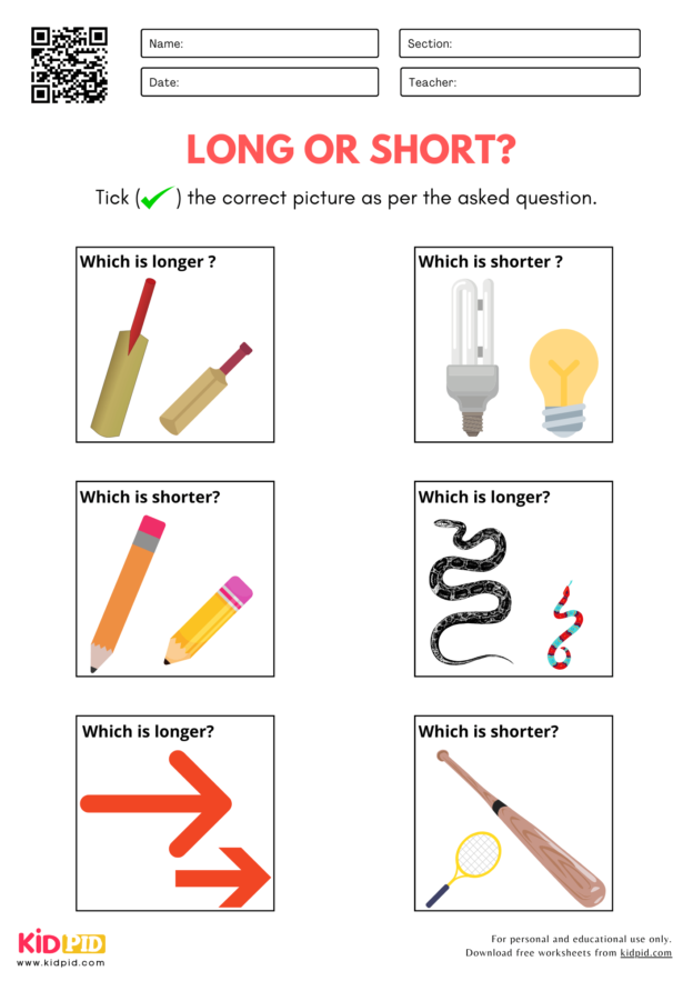 Long or Short Size Comparison Worksheet for Kindergarten - Kidpid