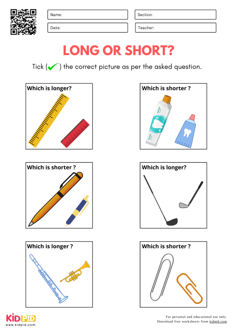 Long or Short Size Comparison Worksheet for Kindergarten - Kidpid