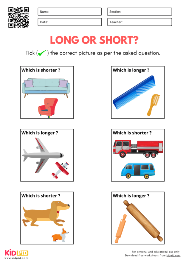 Long or Short Size Comparison Worksheet for Kindergarten - Kidpid