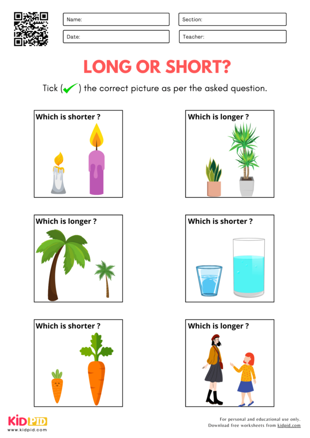Long or Short Size Comparison Worksheet for Kindergarten - Kidpid