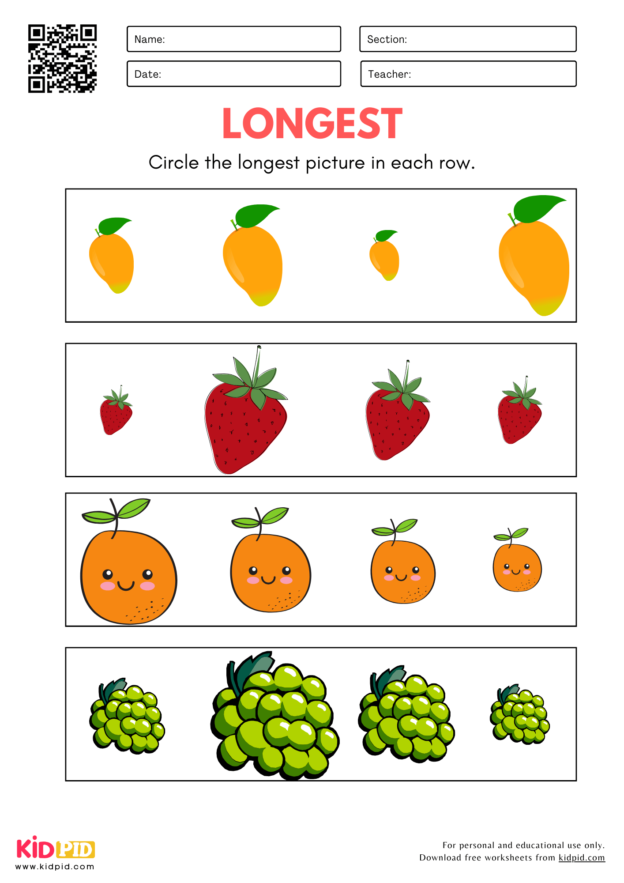 Longest and Shortest Size Comparison Worksheet for Kindergarten - Kidpid