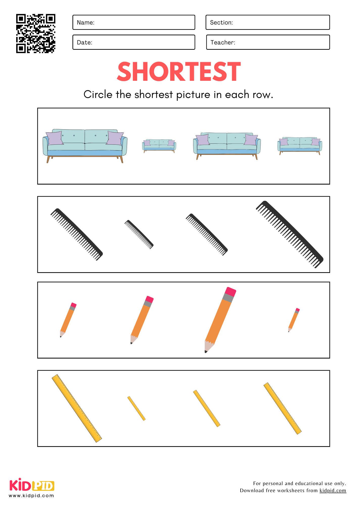 Longest and Shortest Size Comparison Worksheet for Kindergarten - Kidpid