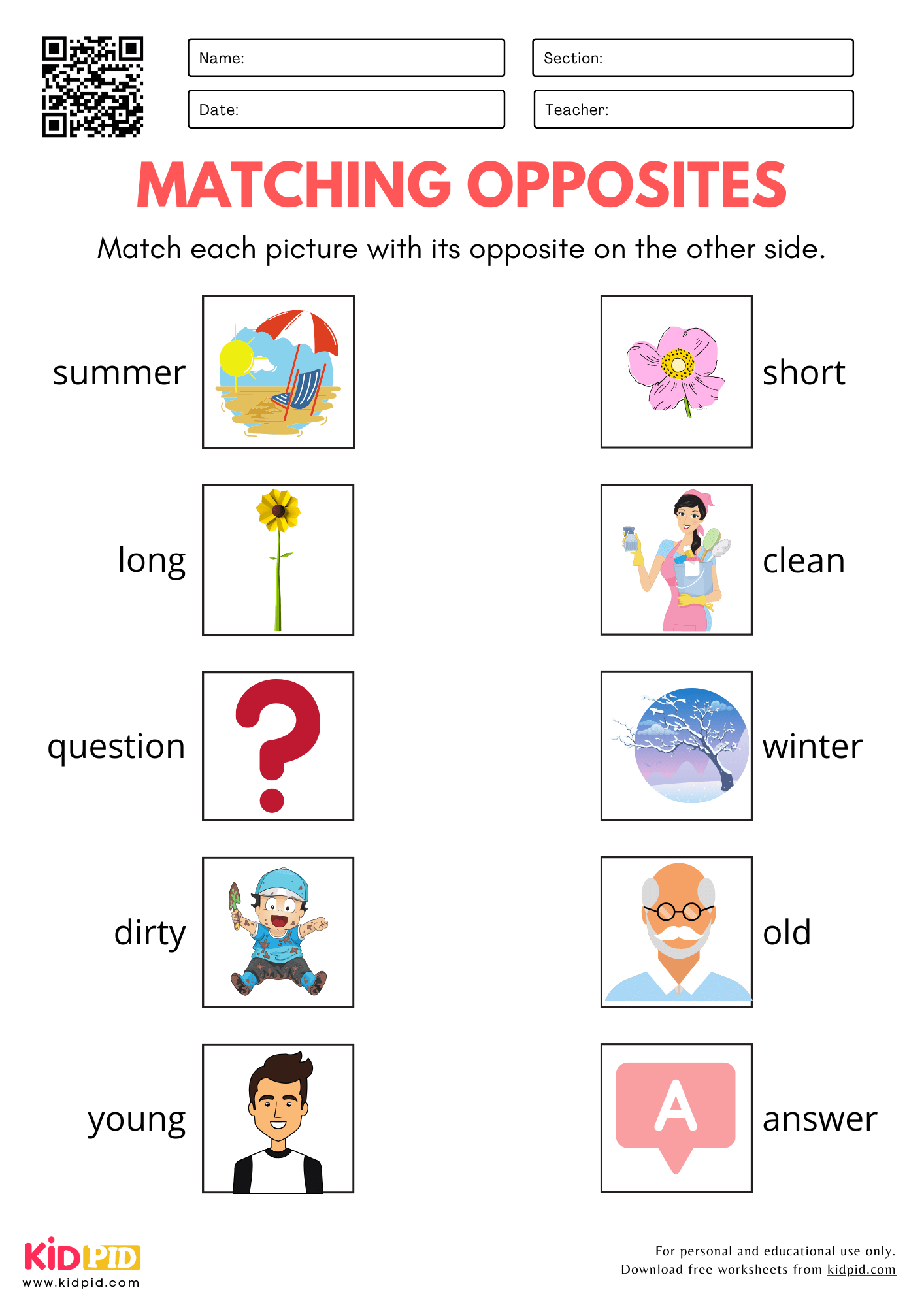 Matching Opposites Pictures Worksheet for Kindergarten - Kidpid