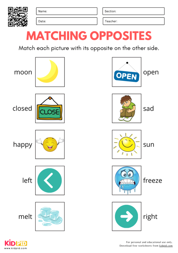Matching Opposites Pictures Worksheet for Kindergarten - Kidpid