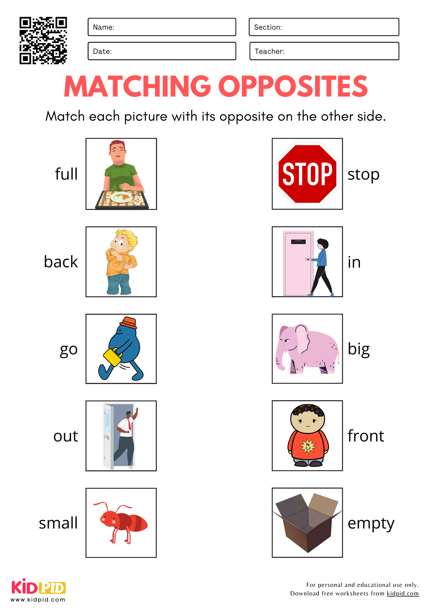 Matching Opposites Pictures Worksheet for Kindergarten - Kidpid