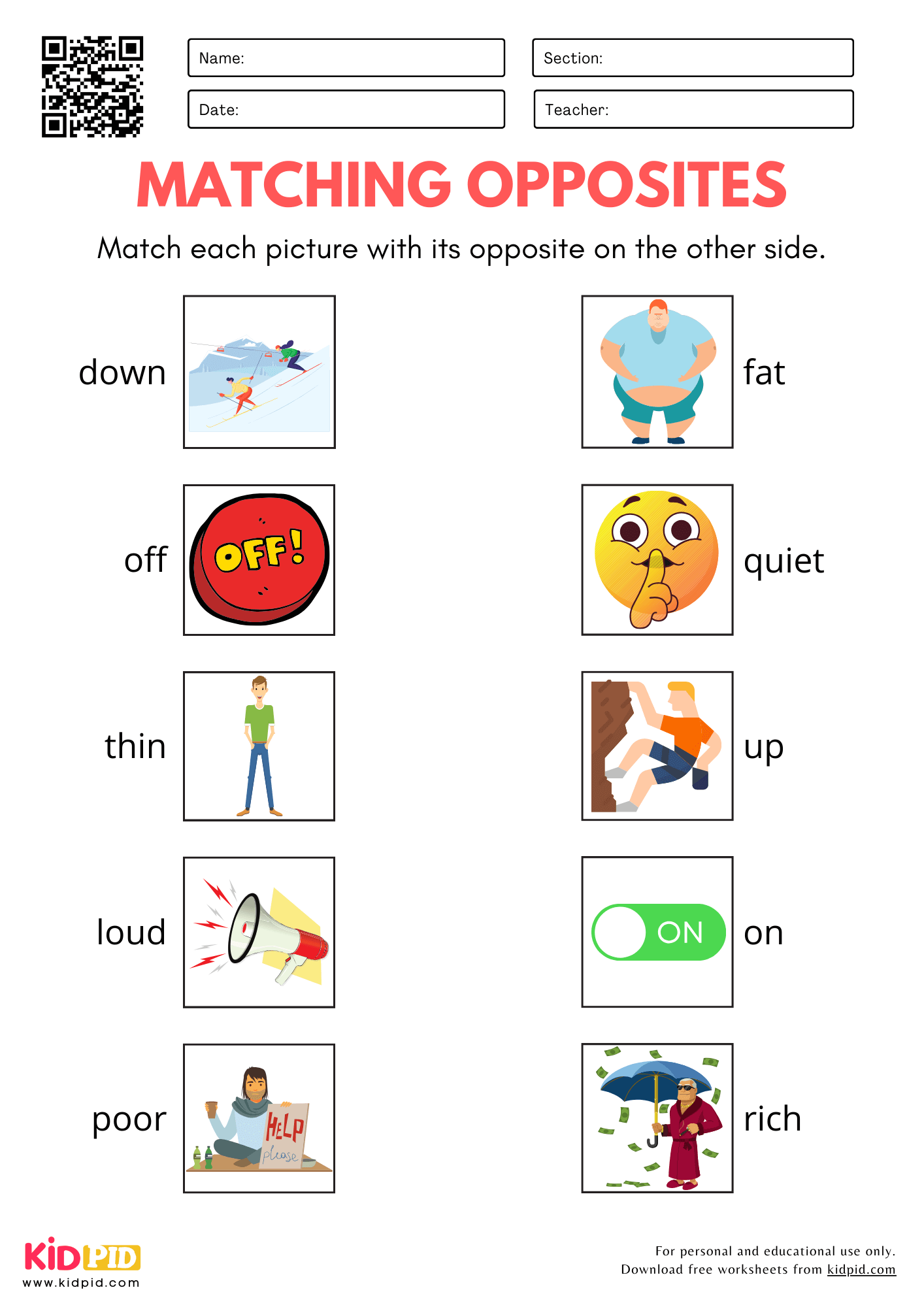 Matching Opposites Pictures Worksheet for Kindergarten - Kidpid