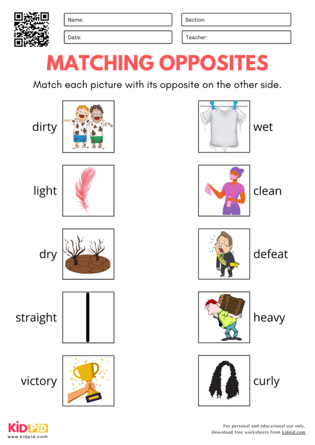 Matching Opposites Pictures Worksheet for Kindergarten - Kidpid