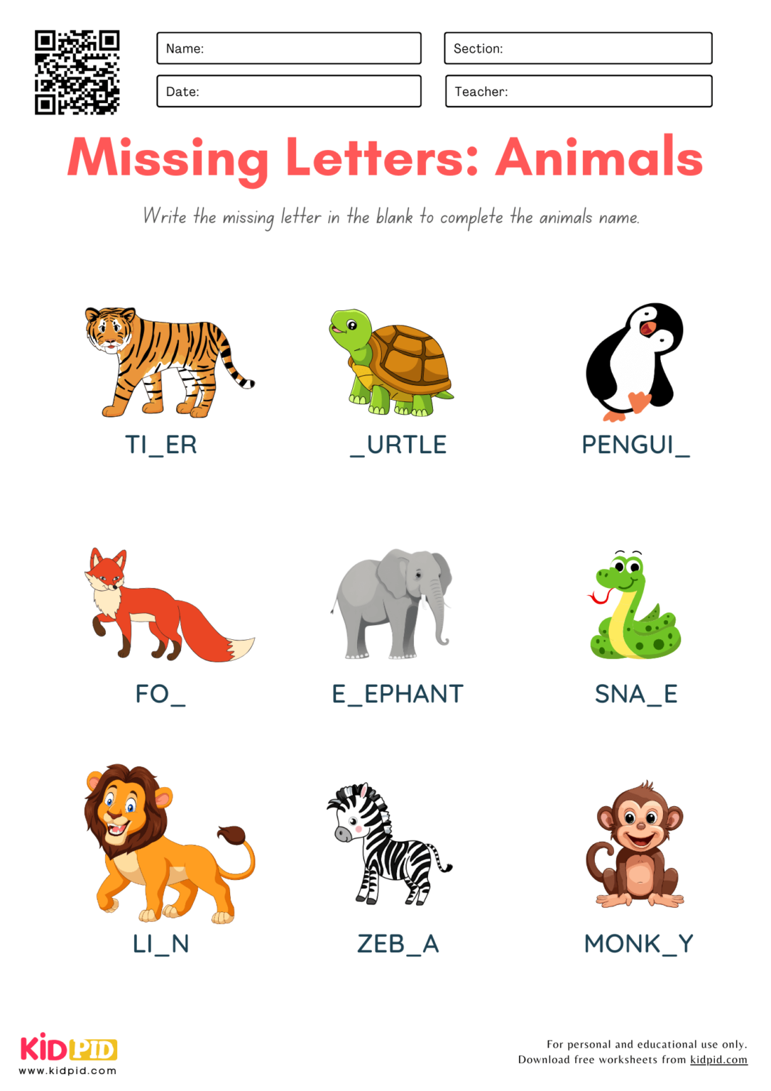 Missing Letters of Animals Worksheet for Grade 1 - Kidpid