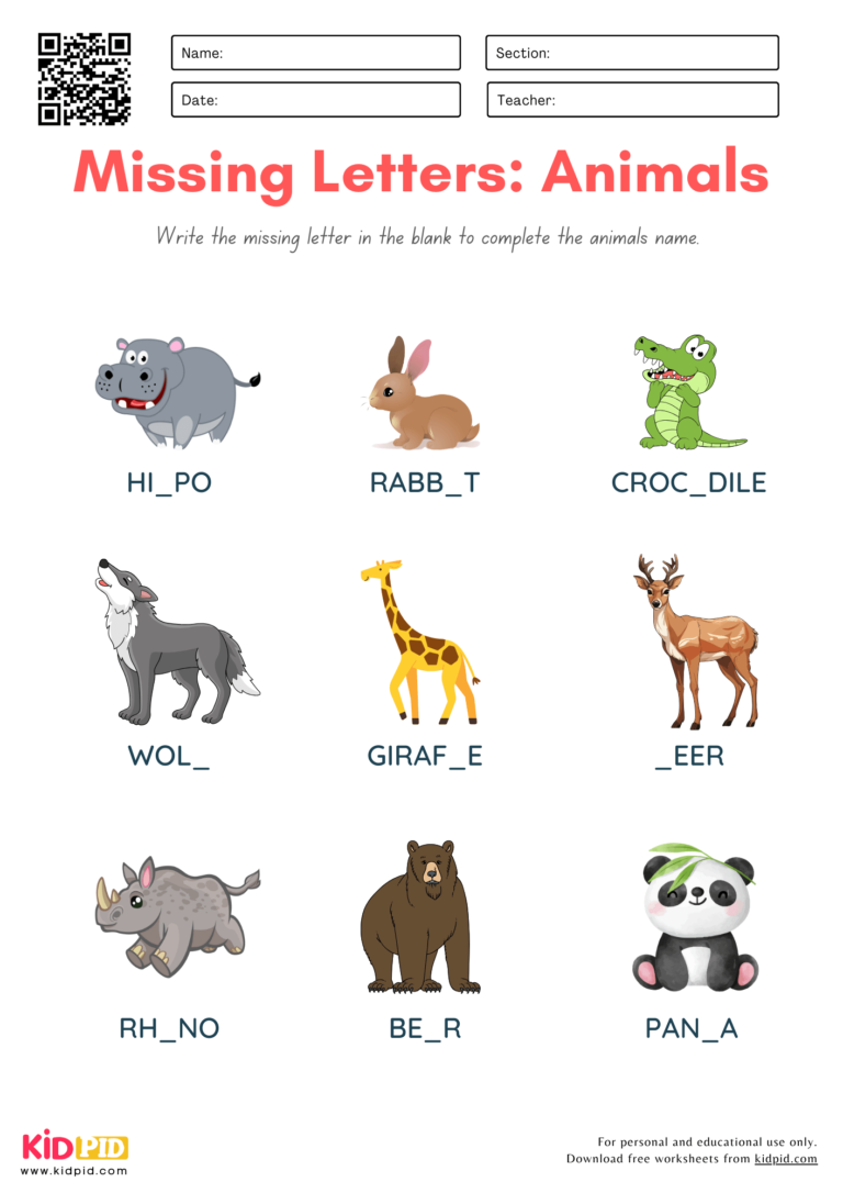 Missing Letters of Animals Worksheet for Grade 1 - Kidpid