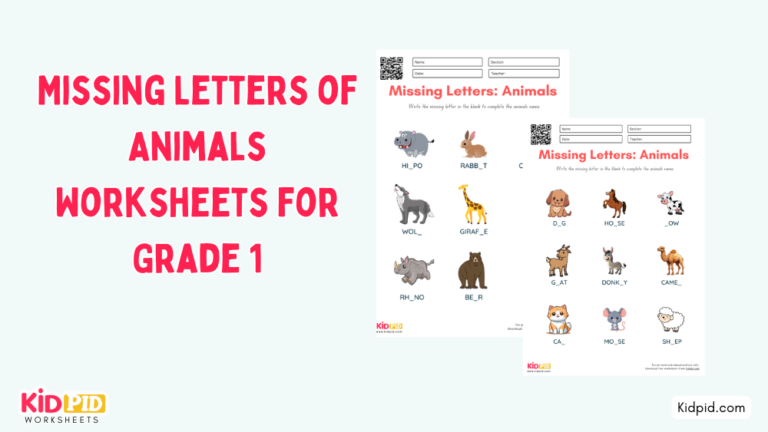 Missing Letters of Animals Worksheet for Grade 1 - Kidpid