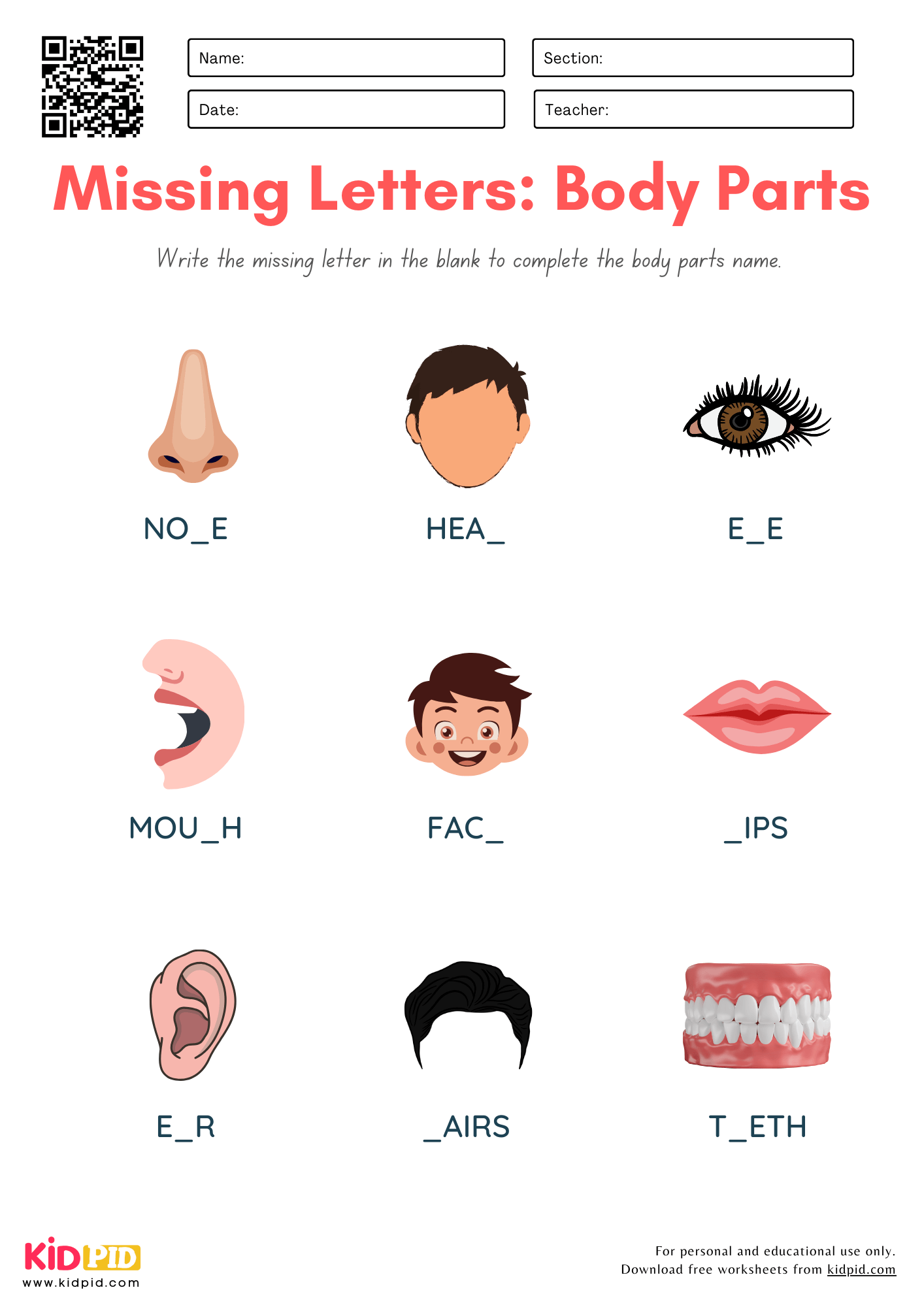 Missing Letters of Body Parts Worksheet for Grade 1 - Kidpid