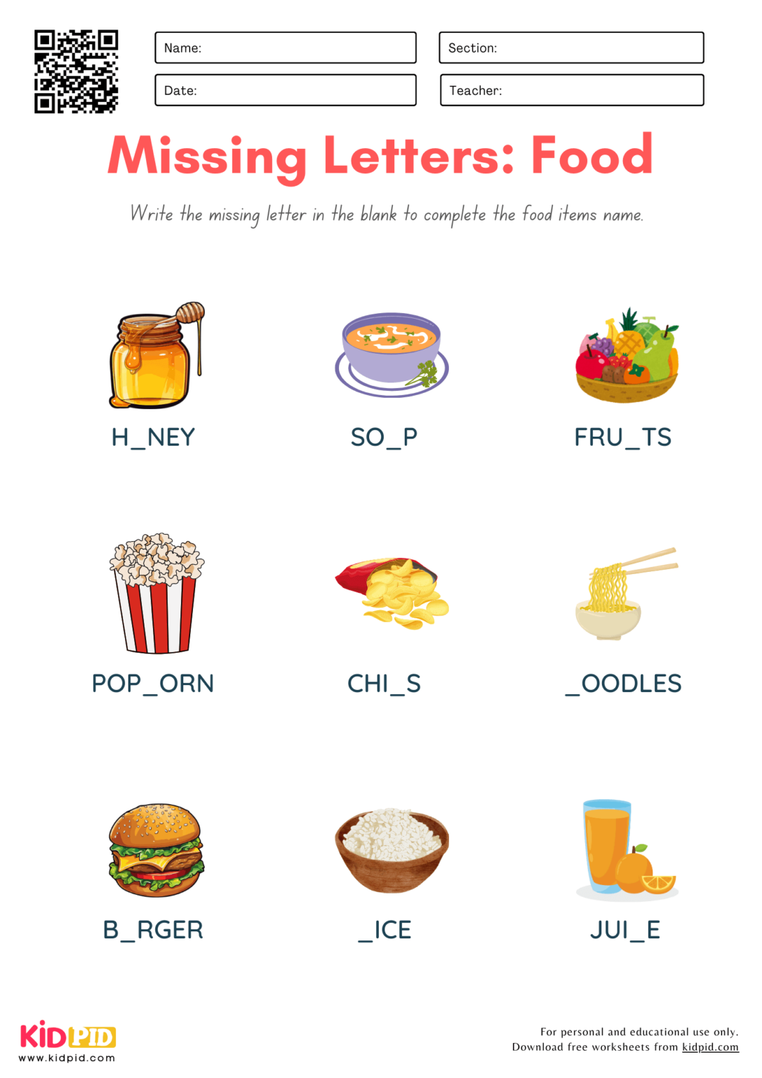 Missing Letters of Food Worksheet for Grade 1 - Kidpid