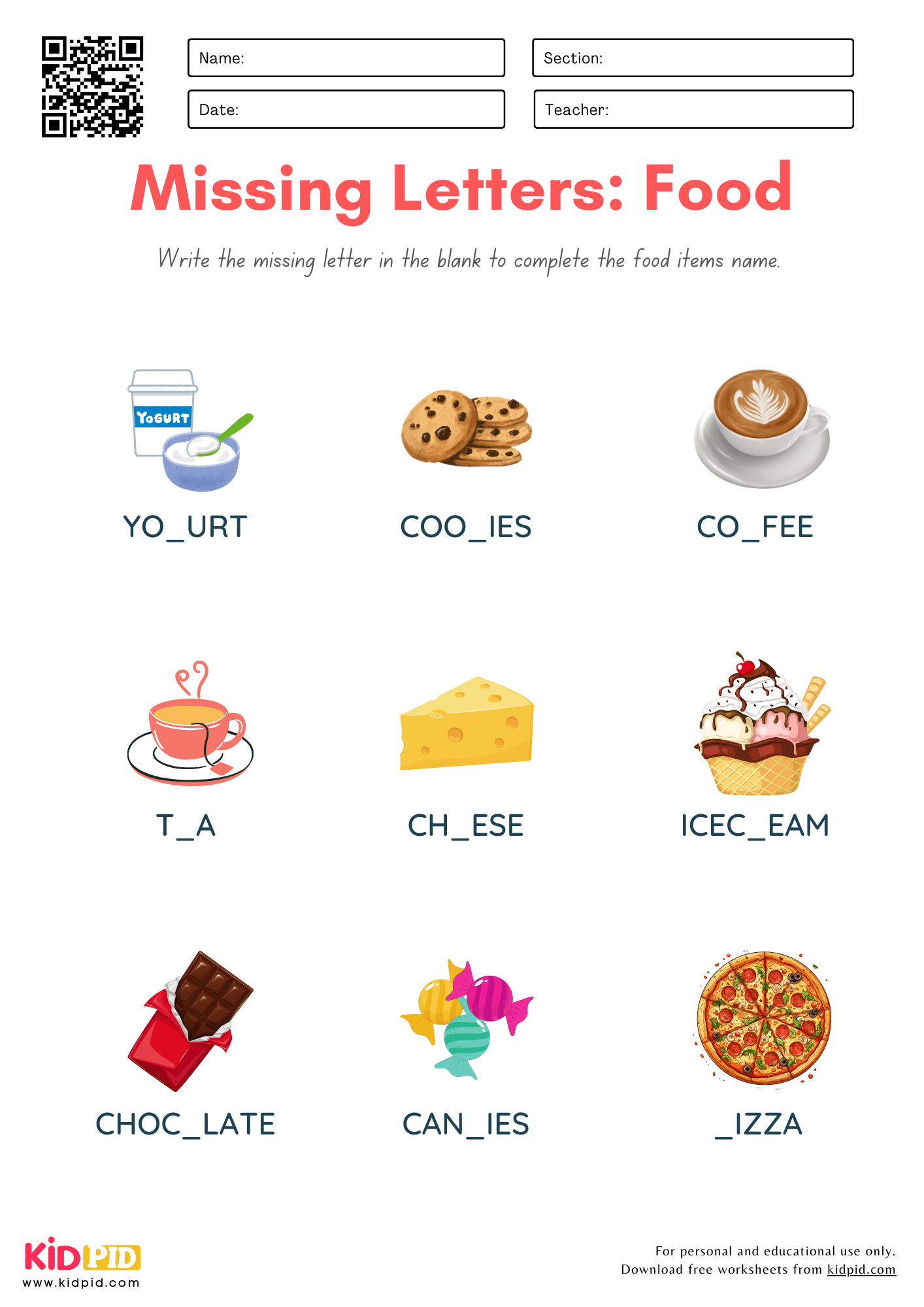 Missing Letters of Food Worksheet for Grade 1 - Kidpid