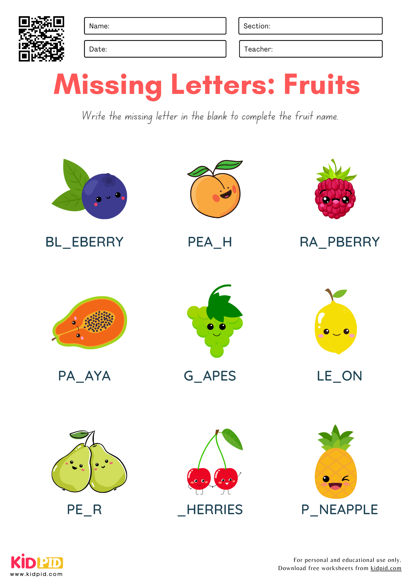 Missing Letters Of Fruits Worksheet For Grade 1 - Kidpid