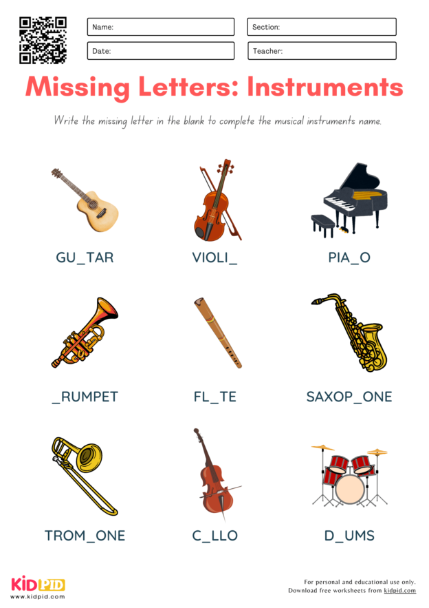 Missing Letters of Musical instruments Worksheet for Grade 2 - Kidpid