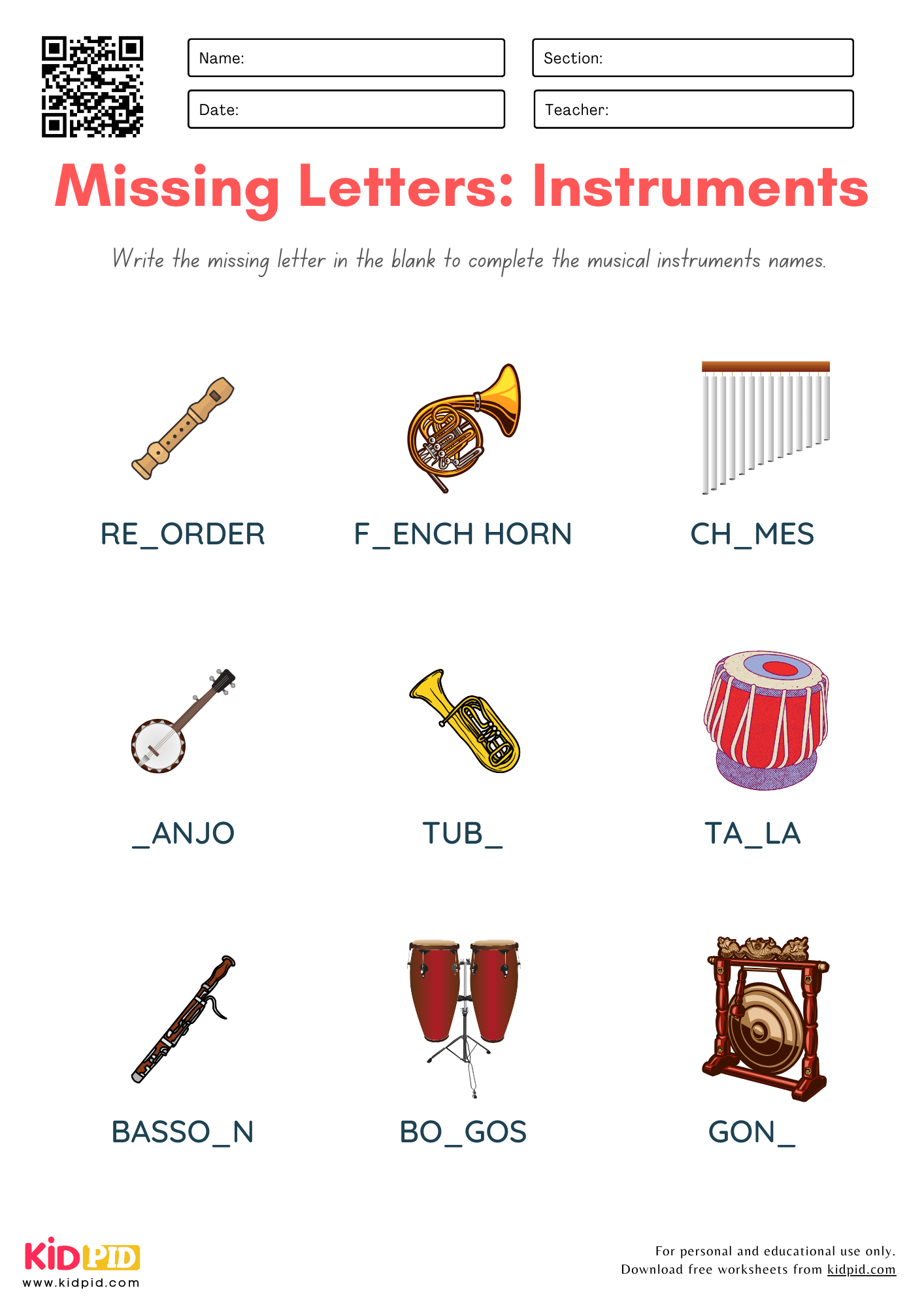 Missing Letters of Musical instruments Worksheet for Grade 2 - Kidpid
