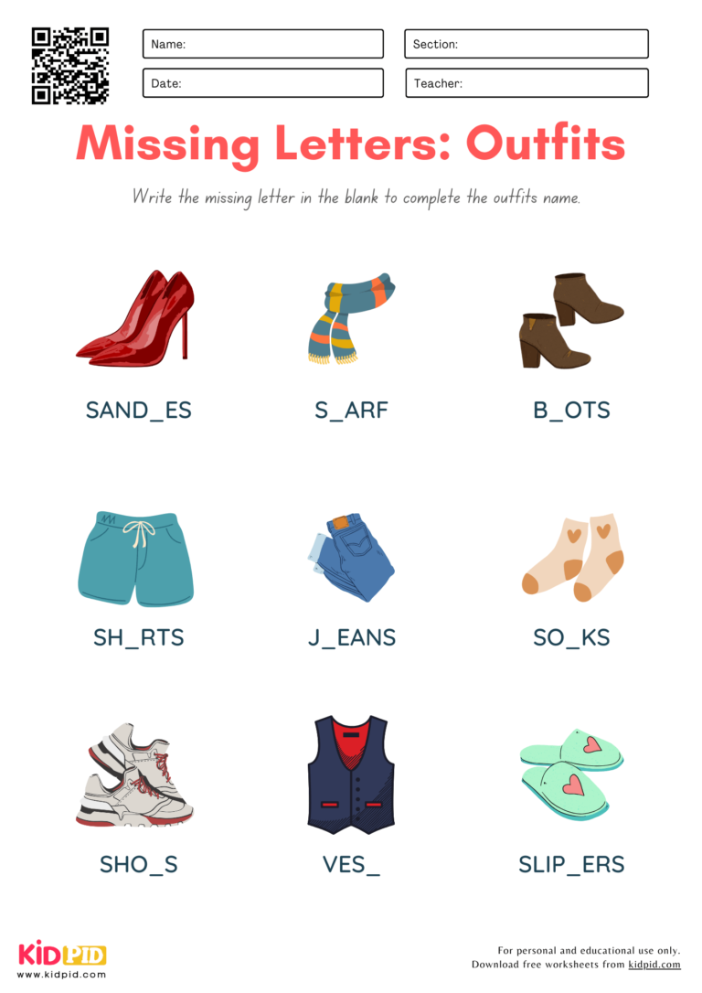Missing Letters of Outfits Worksheet for Grade 2 - Kidpid