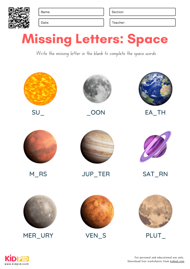 Missing Letters of Space Words Worksheet for Grade 2 - Kidpid