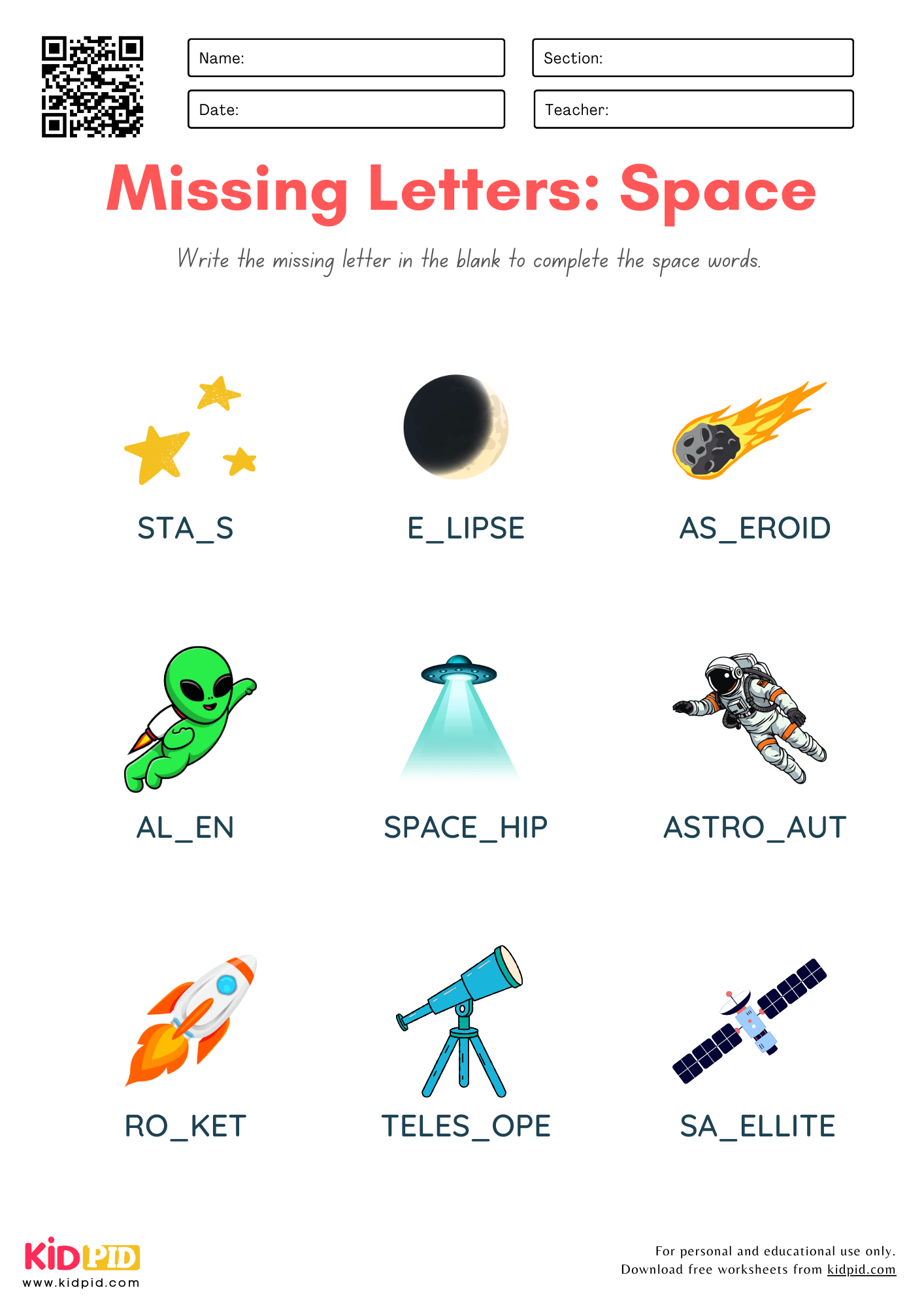 Missing Letters of Space Words Worksheet for Grade 2 - Kidpid
