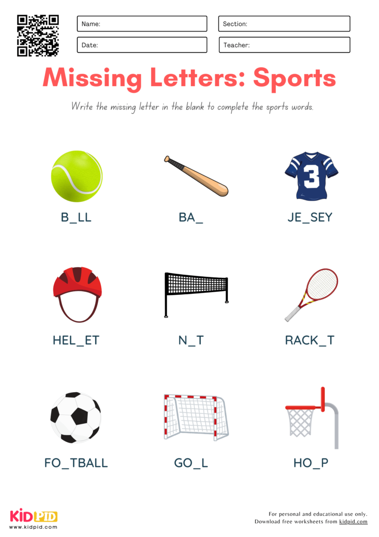 Missing Letters of Sport Words Worksheet for Grade 2 - Kidpid