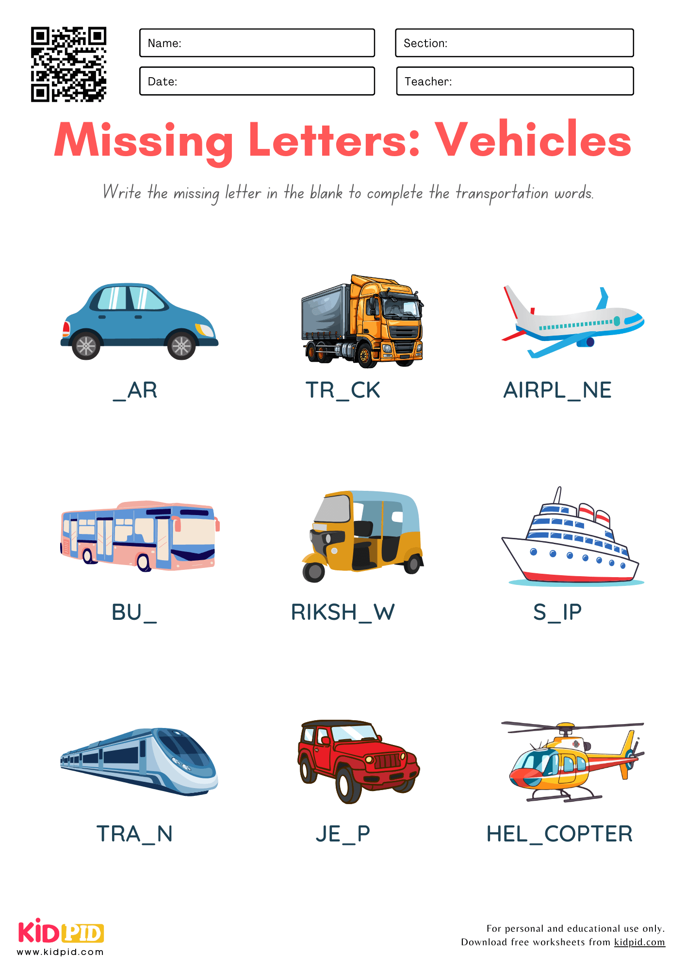 Missing Letters of Vehicles Worksheet for Grade 2 - Kidpid