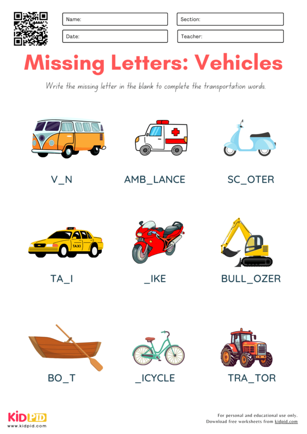 Missing Letters of Vehicles Worksheet for Grade 2 - Kidpid