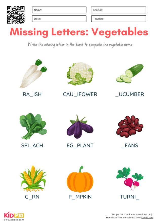 Missing Letters of Vegetables Worksheet for Grade 1 - Kidpid