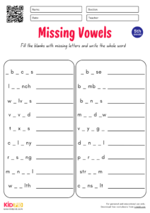 Missing Vowels Worksheet for Grade 5 - Kidpid