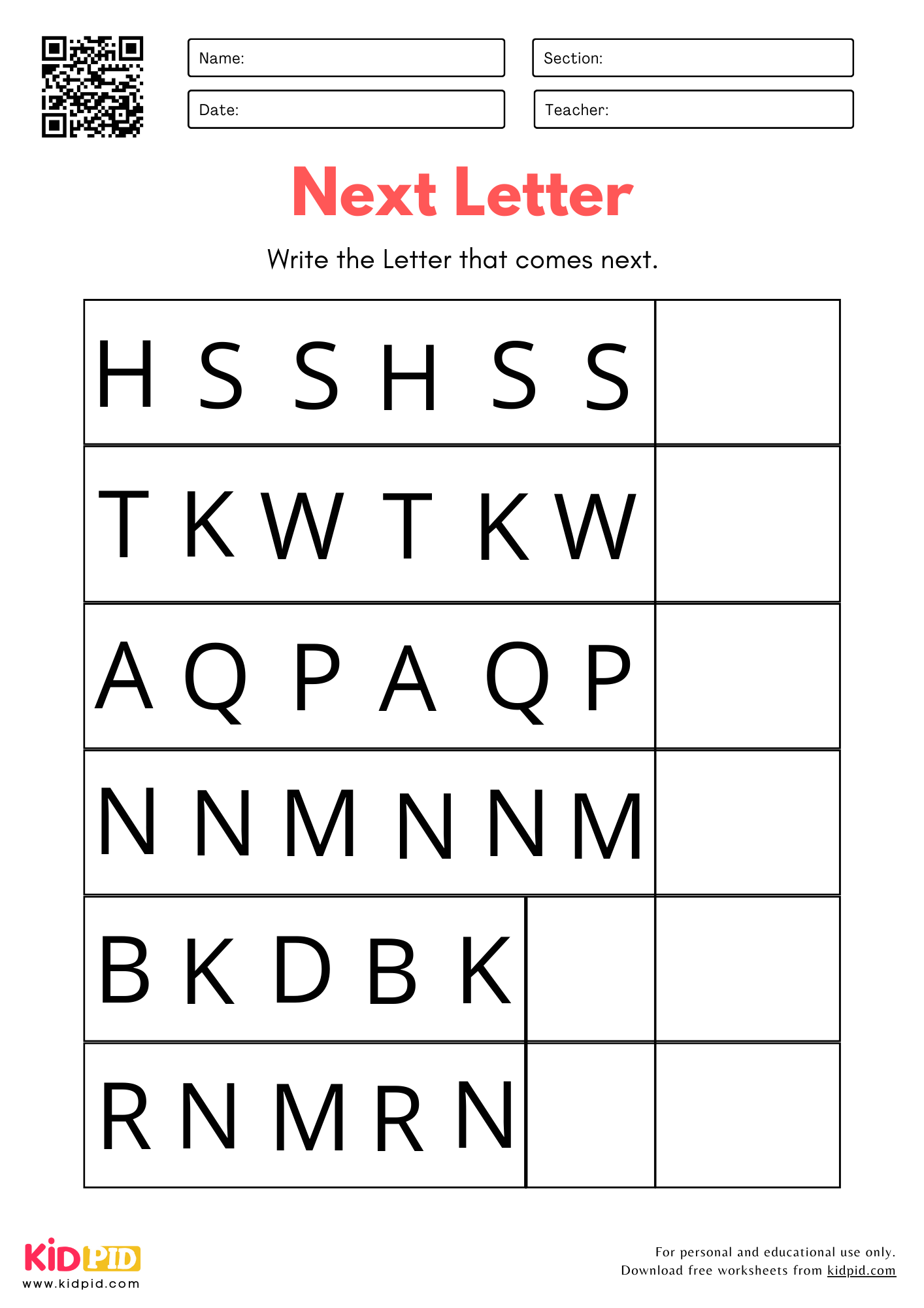 Next Letter Worksheets for Kindergarten - Kidpid