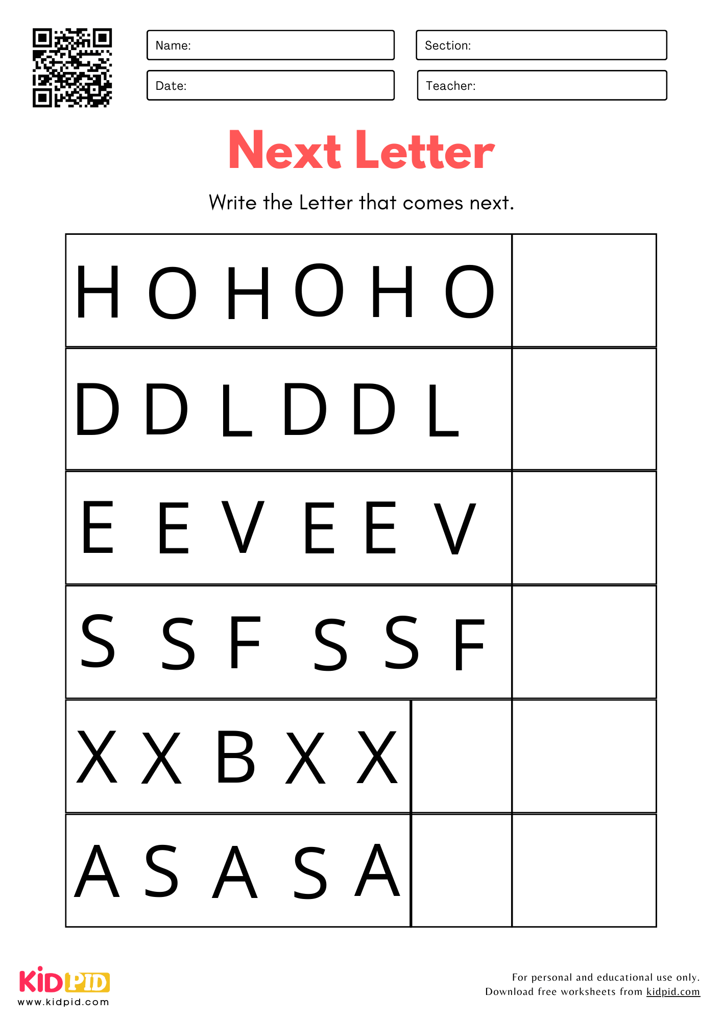 Next Letter Worksheets for Kindergarten - Kidpid