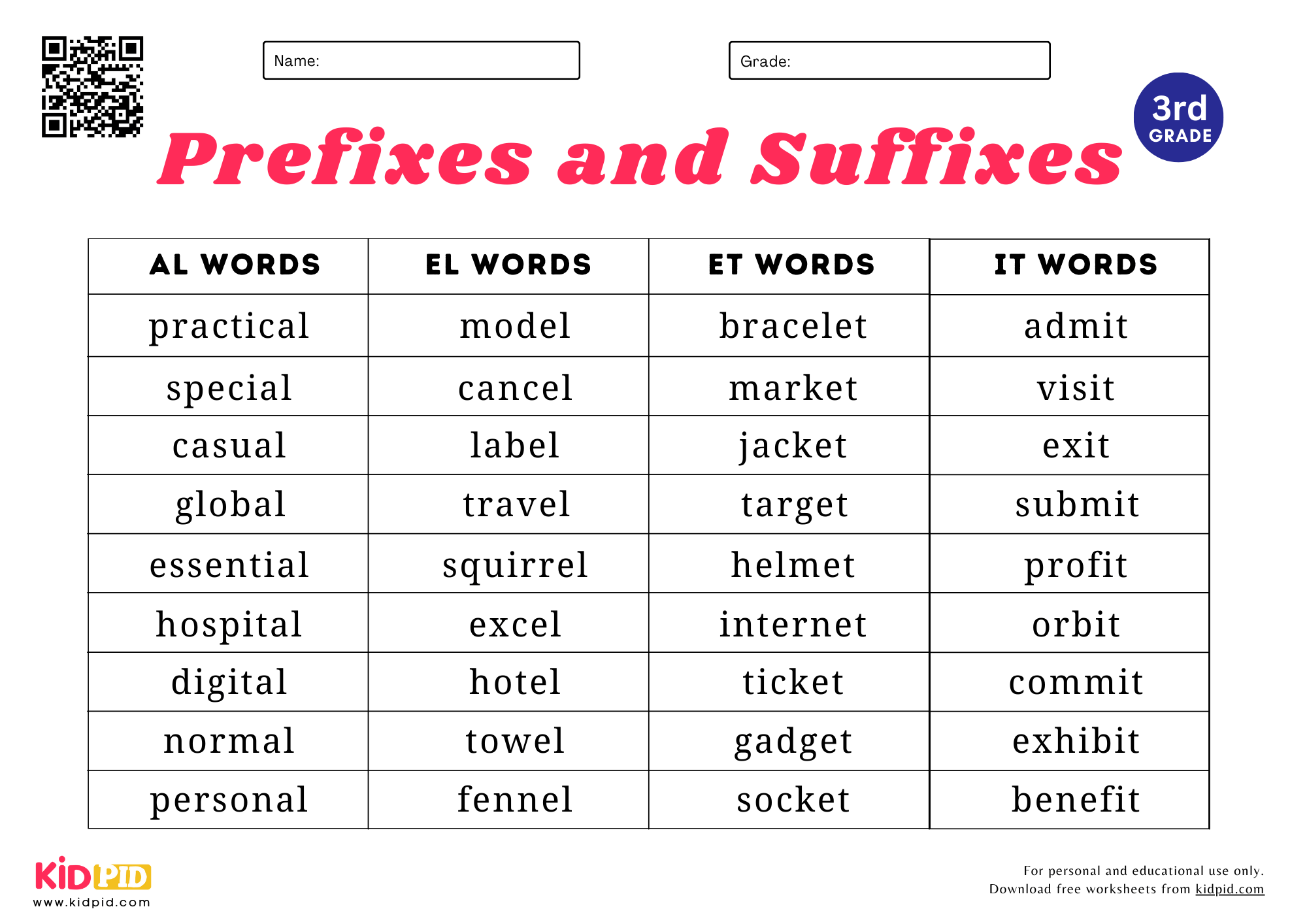 Prefixes & Suffixes Spelling List Worksheet For Grade 3 - Kidpid