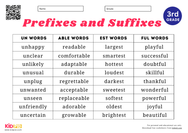 Prefixes & Suffixes Spelling List Worksheet For Grade 3 - Kidpid